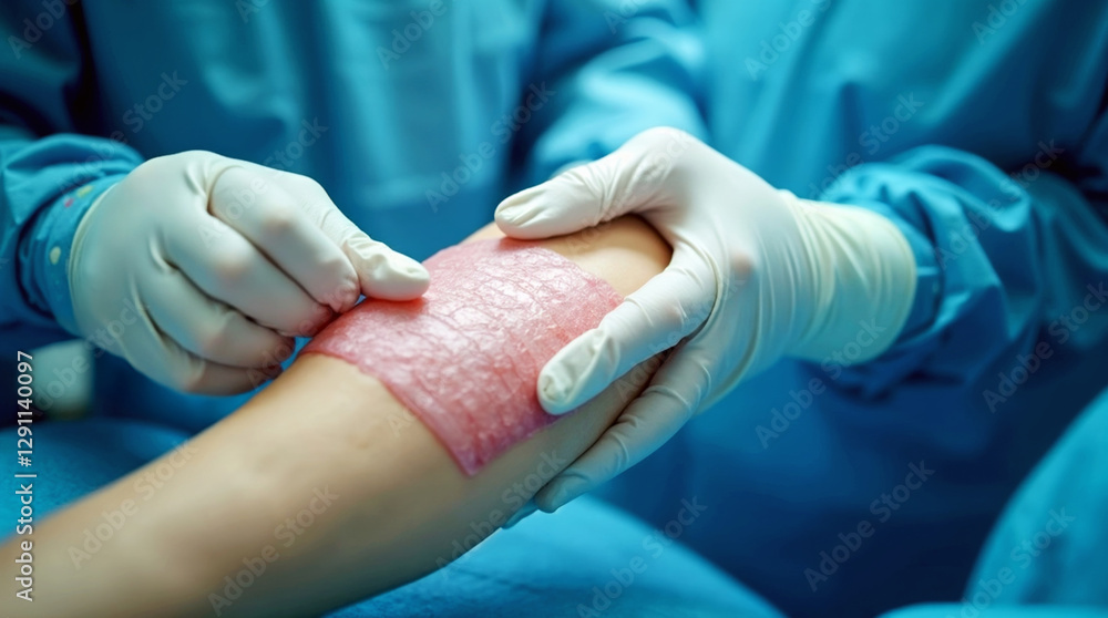 Medical professionals applying an artificial skin graft to a patient's ...