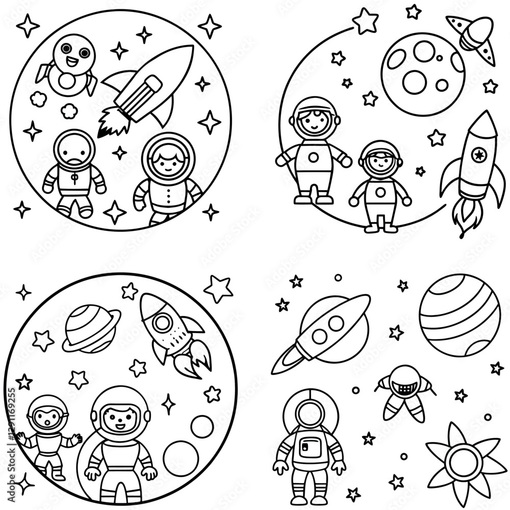 Space Exploration Coloring Page for Children, coloring page depicting ...