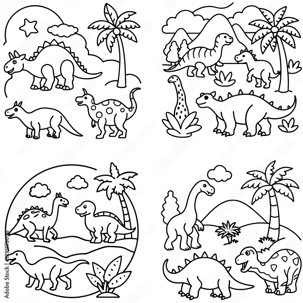 Dinosaur World Coloring Page for Kids, prehistoric scene with various ...