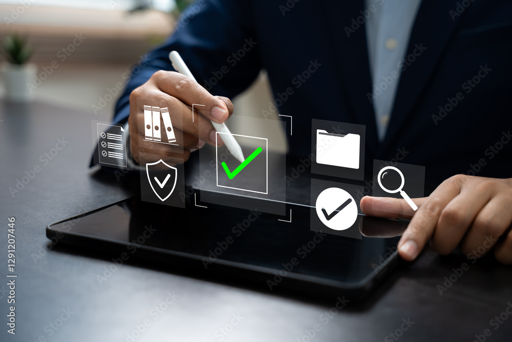 Survey and evaluation concept, Businessman touching digital check mark ...