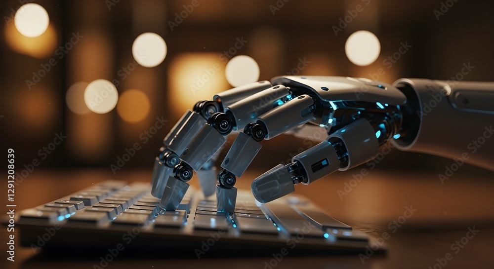 Mano robot escribiendo en la computadora. El concepto de inteligencia ...