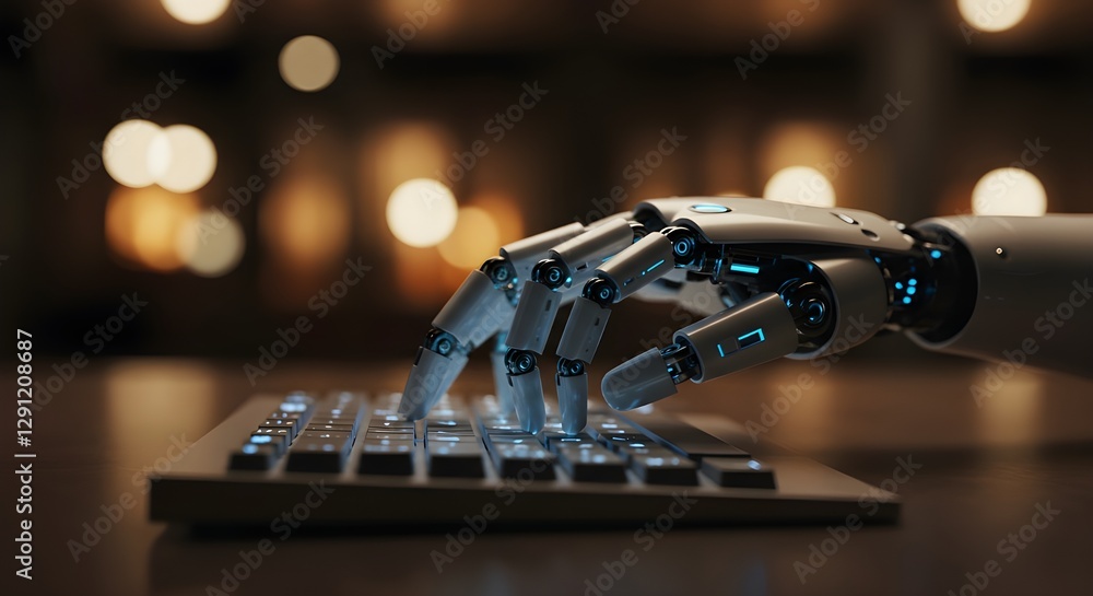 Mano robot escribiendo en la computadora. El concepto de inteligencia ...