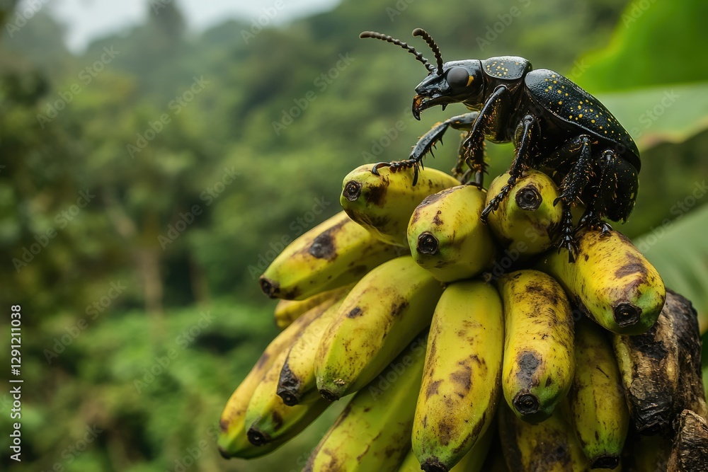 Hercules Beetle Ascends a Cluster of Wild Bananas in the Lush Tropics ...