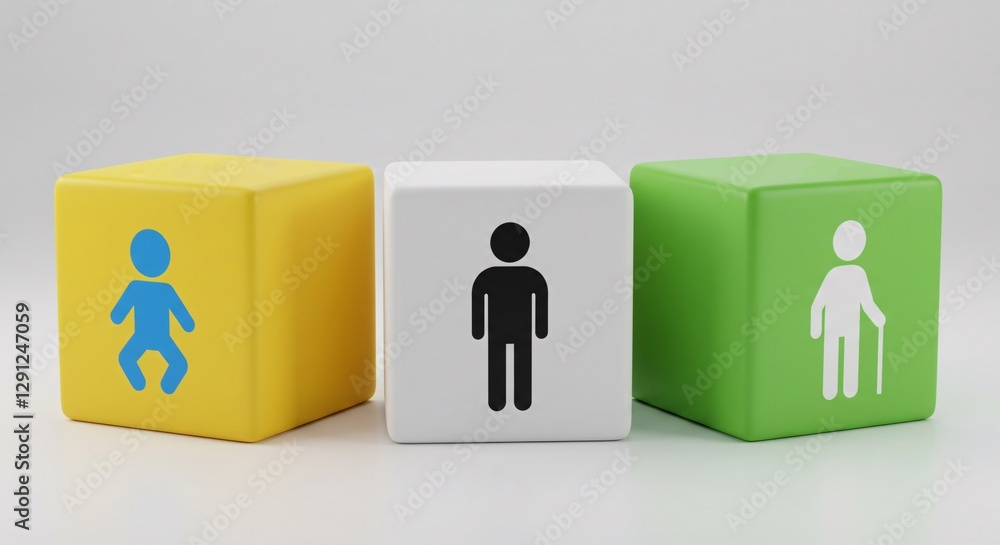 Colorful cubes showing the human life cycle from birth to old age Stock ...