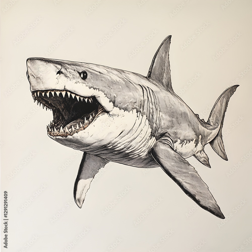 Artistic representation of a great white shark with its mouth open ...