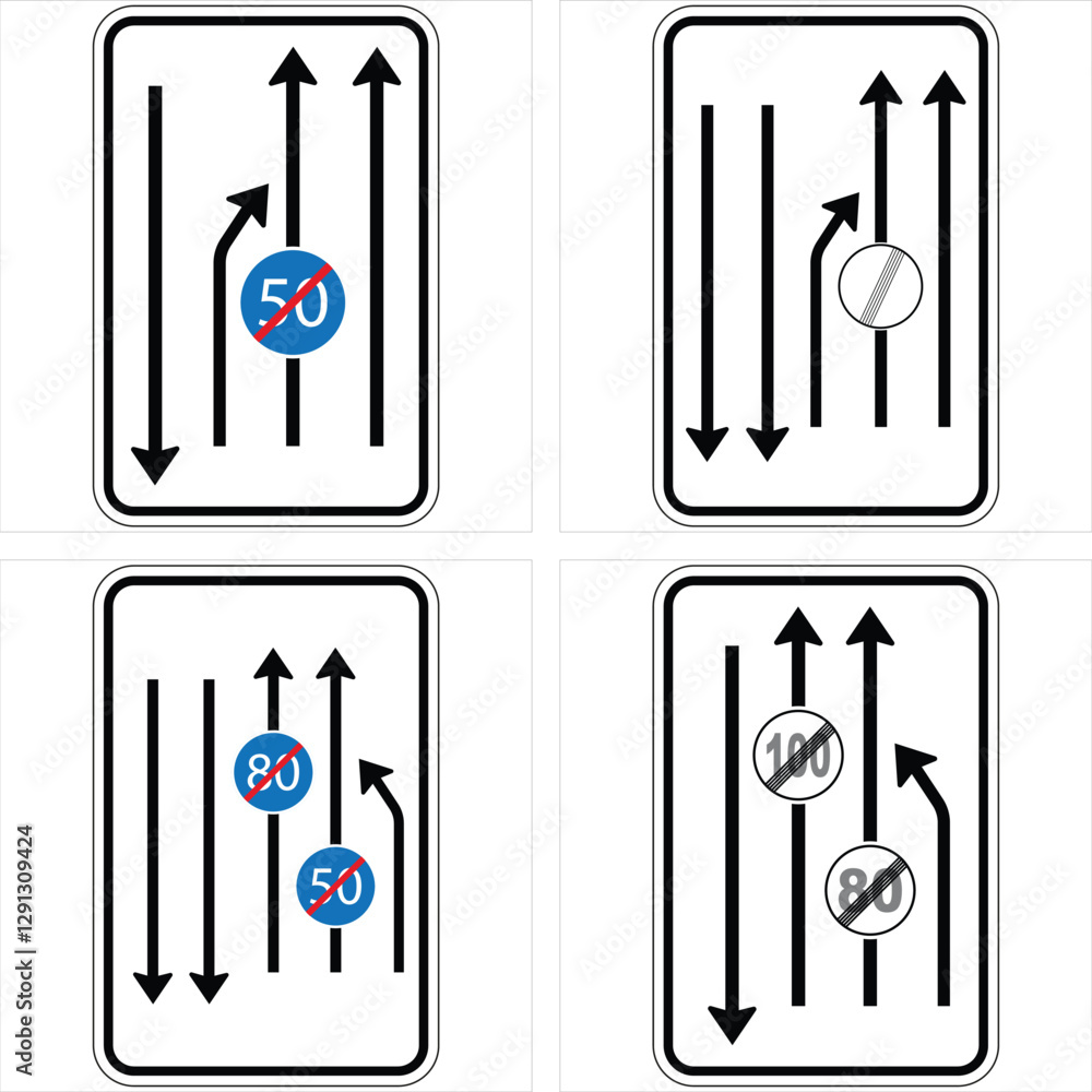 Four regulatory road signs indicating lane usage and speed limits ...