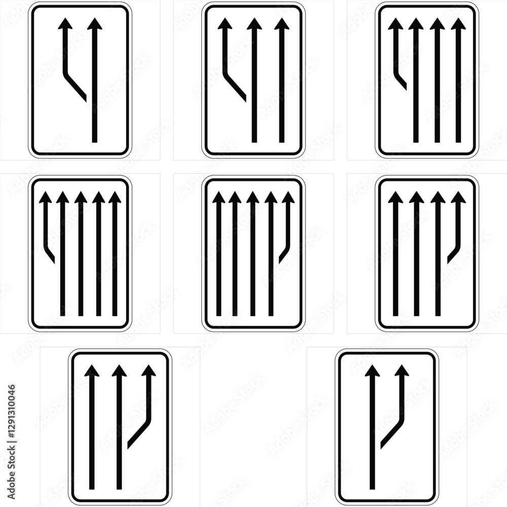 Nine regulatory road signs indicating permitted lane usage and traffic ...