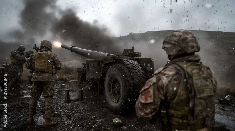 Ukrainian artillerymen firing howitzer during winter military operation Stock Photo | Adobe Stock