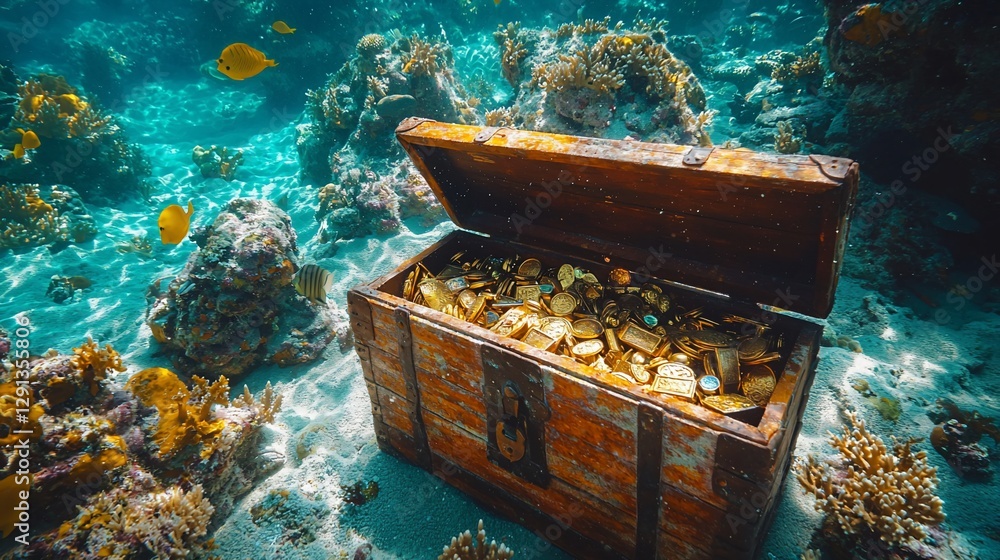 Sunken treasure chest with gold coins, underwater ocean scene ...