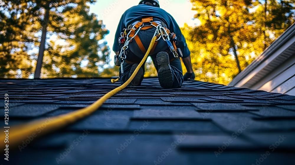 Roofer inspecting asphalt shingle roof with safety harness and rope ...