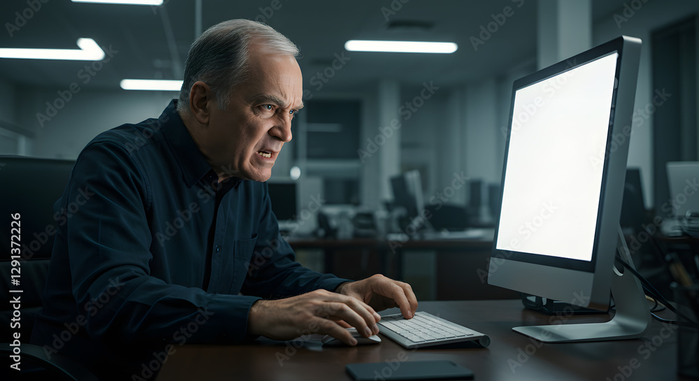 Angry, impatient man tapping fingers on desk while staring at frozen ...