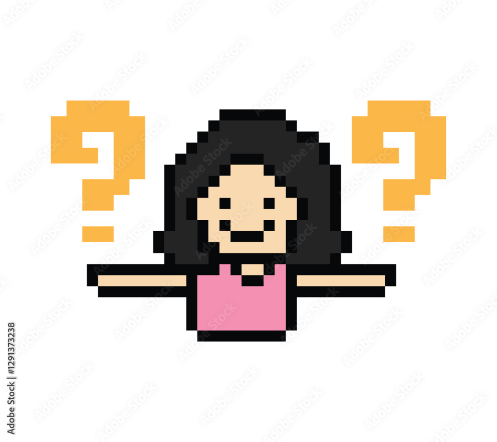 Cute pixel cartoon character woman with question mark decoration 8 bit ...