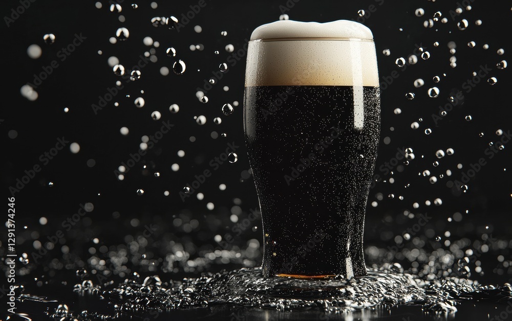 Floating Guinness stout beer with bubbles rising on a deep stout black ...