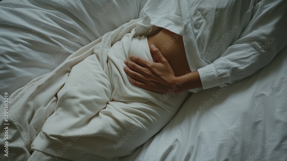 Abdominal pain from a stomach ulcer, a person lying in bed holding ...