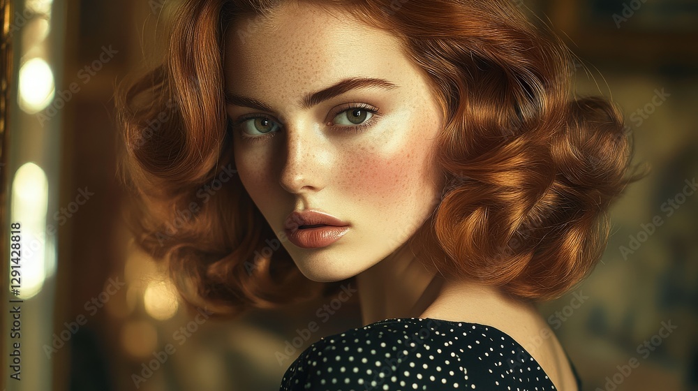 A captivating portrait of a beautiful redhead with voluminous curls ...