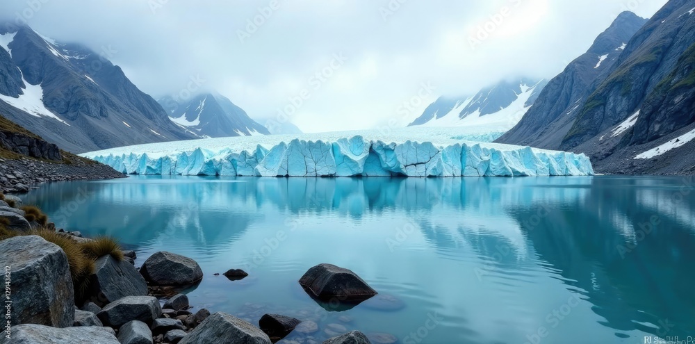Glacial lake landscape with exposed bedrock beneath ice sheet, glacial ...