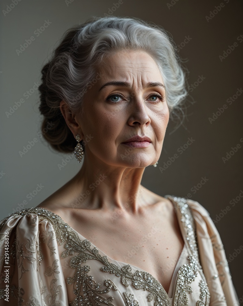 An elderly female opera singer in an elegant gown close up portrait on ...