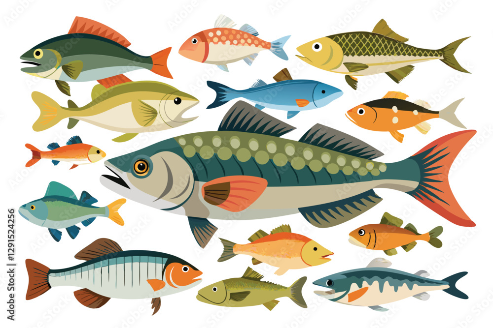 Vector illustration of different types of Freshwater Fish Collection: A ...