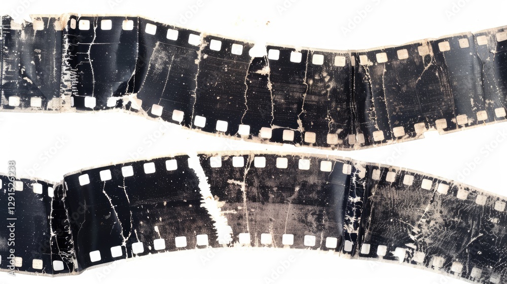 Vintage damaged film strip with scratches and tears on white background ...