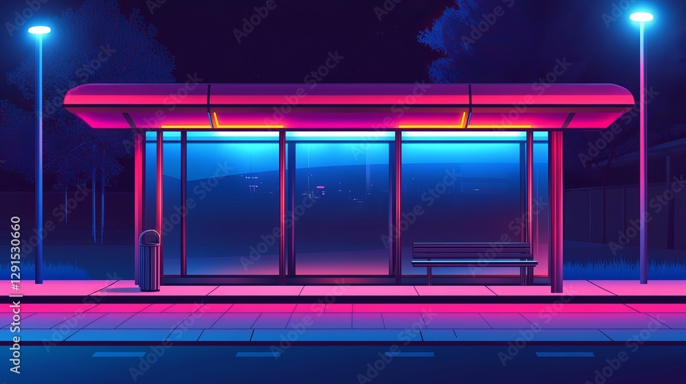 Night neon bus stop on a city street vector background Empty urban ...