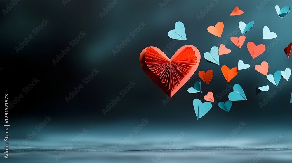 Floating paper hearts in various colors drifting gracefully in soft ...