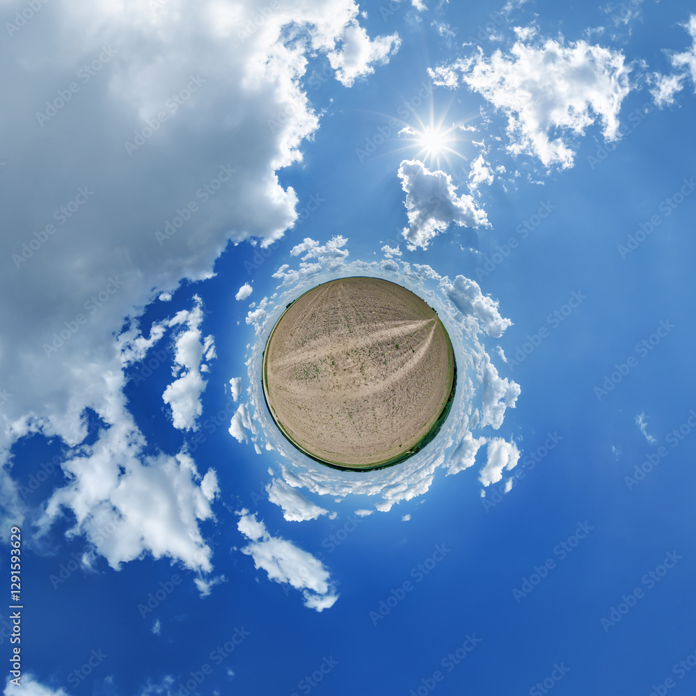 simple little tiny planet without buildings in blue sky with sun and ...