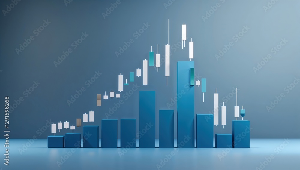 A financial trading chart illustrates rising trends with various ...
