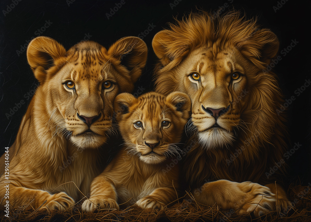 Family of lions with a lion, a lioness, and several cubs. Representing ...