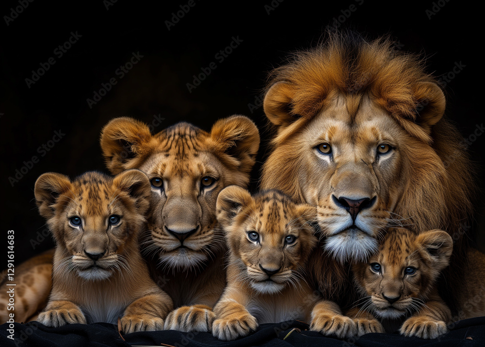 Family of lions with a lion, a lioness, and several cubs. Representing ...