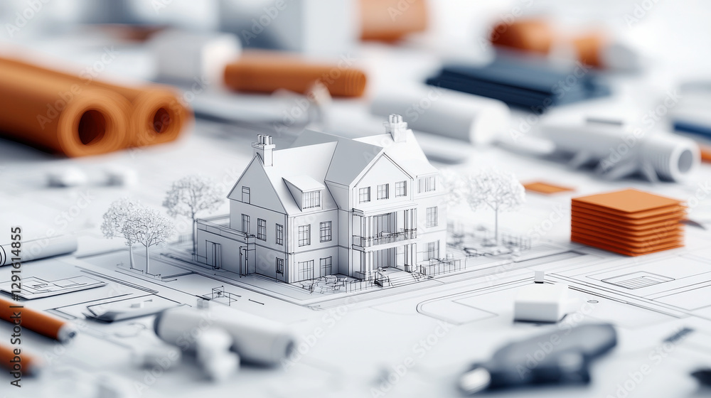 detailed 3D blueprint of luxury hotel surrounded by architectural tools ...