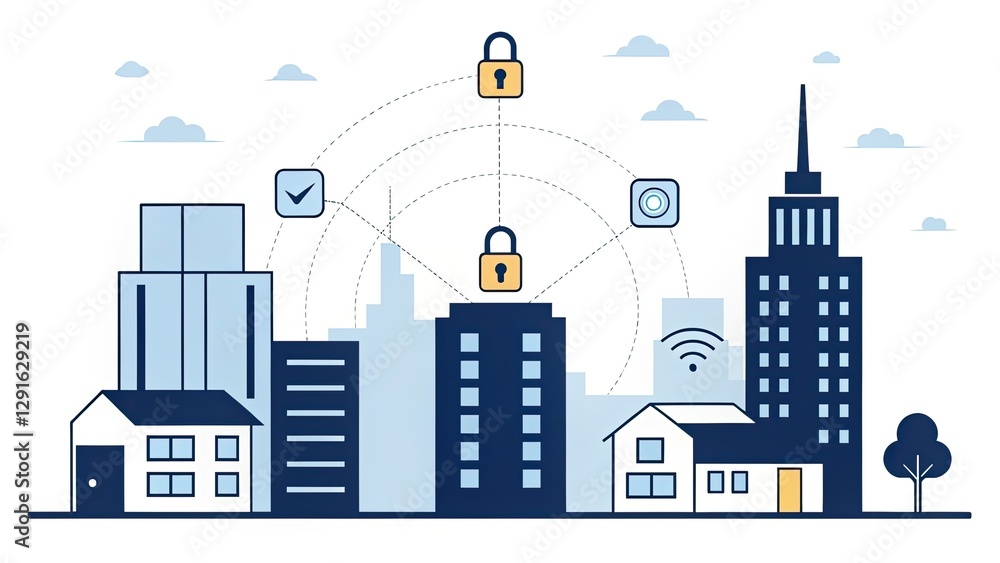 Blockchain Security Smart Concept Urban skyline with security locks ...