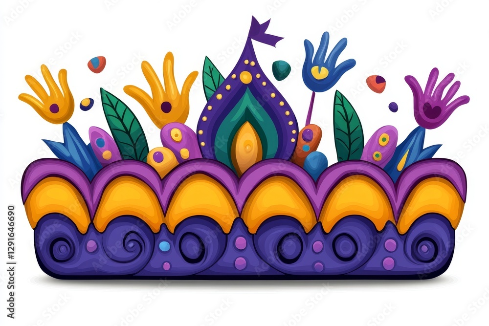 a 2D cartoon illustration of a parade float with people waving during ...