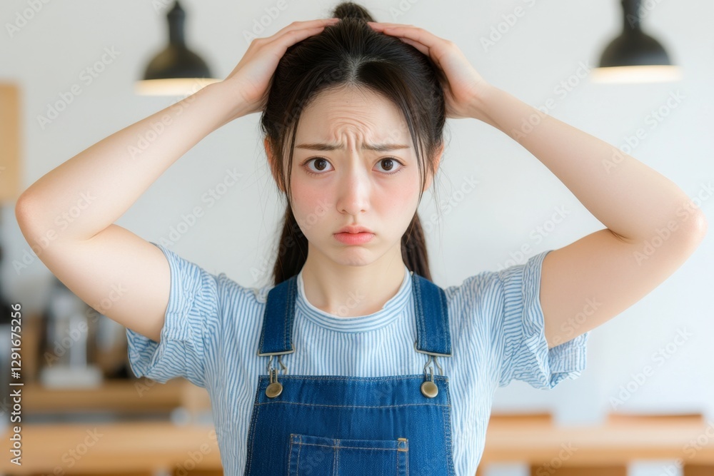 A Japanese woman in her thirties is holding the back of her head with ...