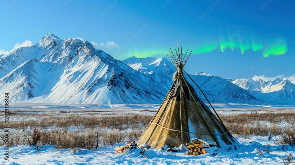 A large Inuit tepee made of wood and animal skins sits in front of tall ...