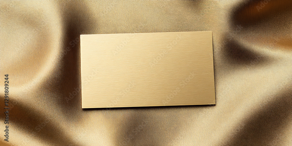 Golden Metal Card on Silk Fabric, Flat Lay. Luxe invitation card or ...