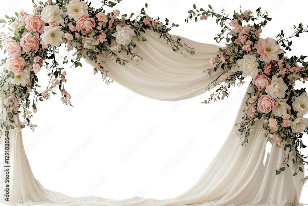 White wall with a floral arch, cream fabric backdrop for a photo shoot ...
