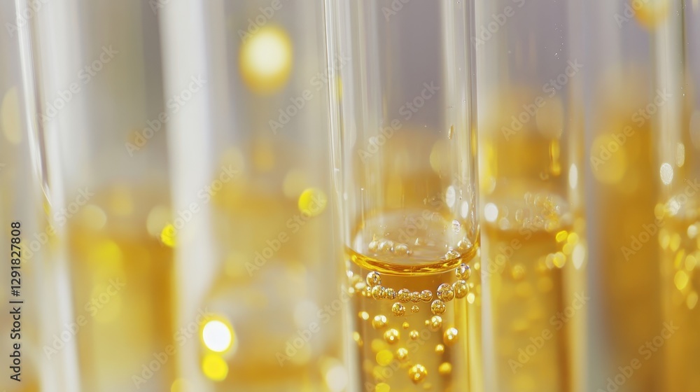 Test tubes filled with golden liquid and bubbles in a laboratory ...