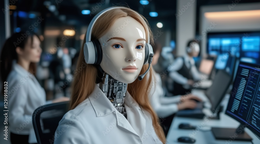Ai robot call center agent working alongside human agents in a modern ...