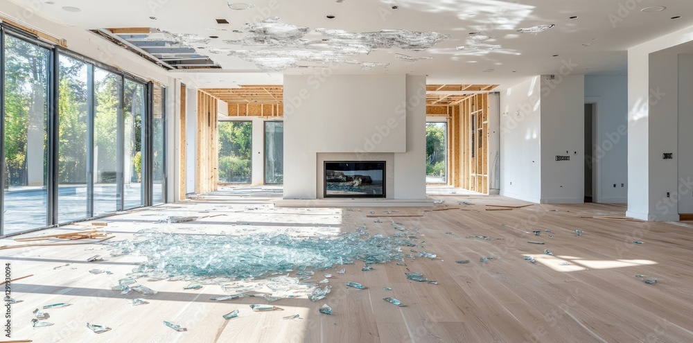 The interior of a modern home shows significant destruction from an ...