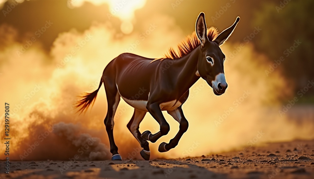 High-speed photography of a running donkey silhouette with dust kicking ...