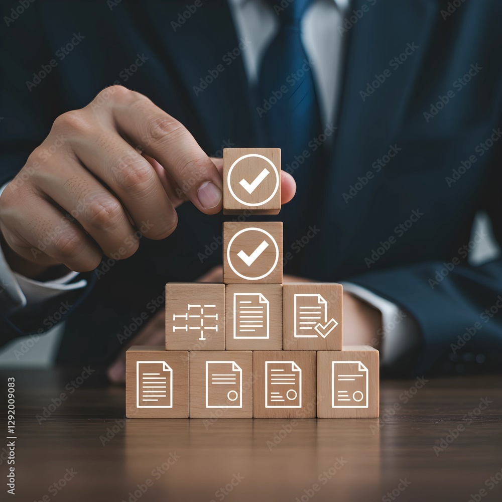 Business Professional Placing a Checkmark Block on a Pyramid of ...