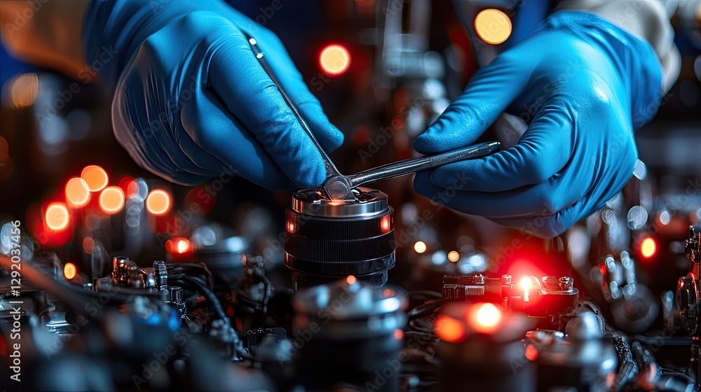 Gloved hands carefully adjust a component on complex machinery using a ...