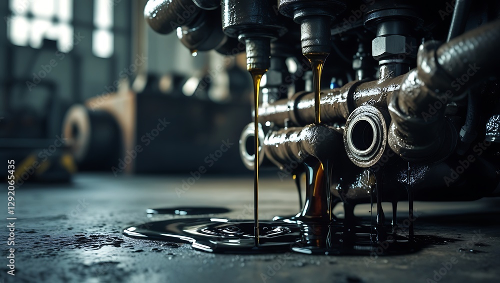 Leaking oil from damaged hydraulic system, equipment failure ...