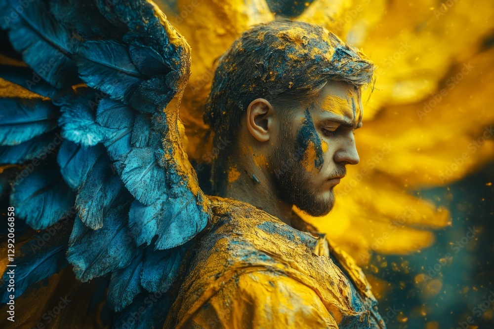 Fallen angel covered in yellow and blue pigments, with large blue wings ...