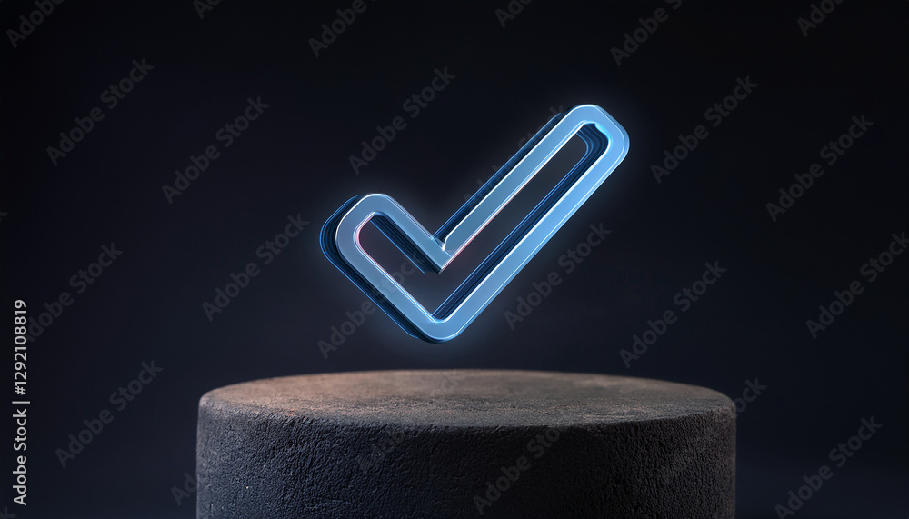 Blue check mark icon on round stone pedestal. Symbol of approval. 3D ...