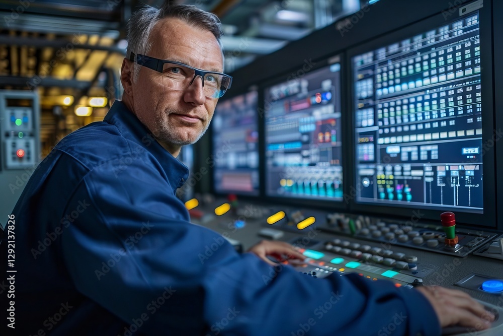 Man In Factory Control Room Monitoring Production Line Using Advanced