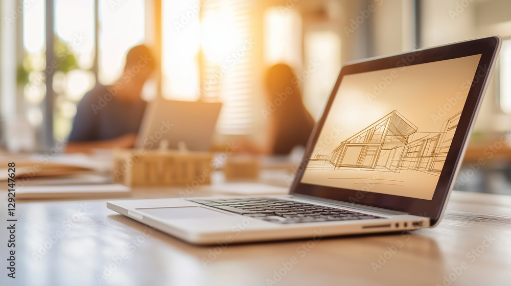 Sleek laptop displaying architectural design of a modern house, with ...