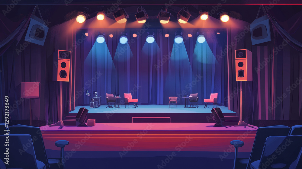 Talent show scene with magician performers in big hall with chairs of ...