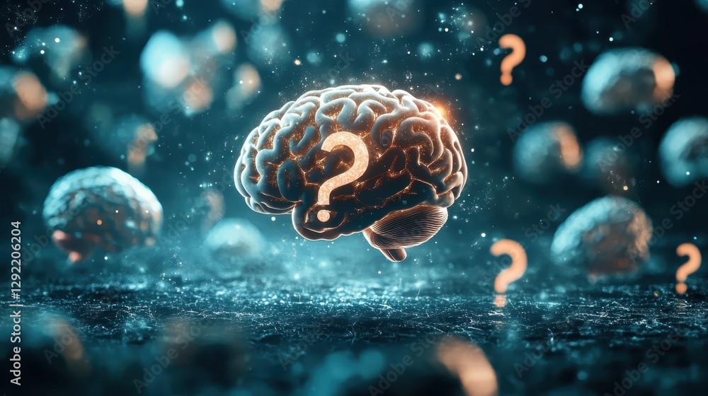 A conceptual image of a human brain with a floating question mark ...