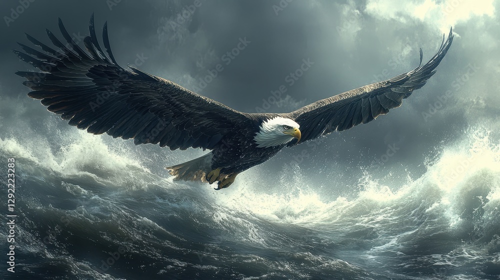 Majestic bald eagle soaring over stormy ocean waves under dramatic sky ...